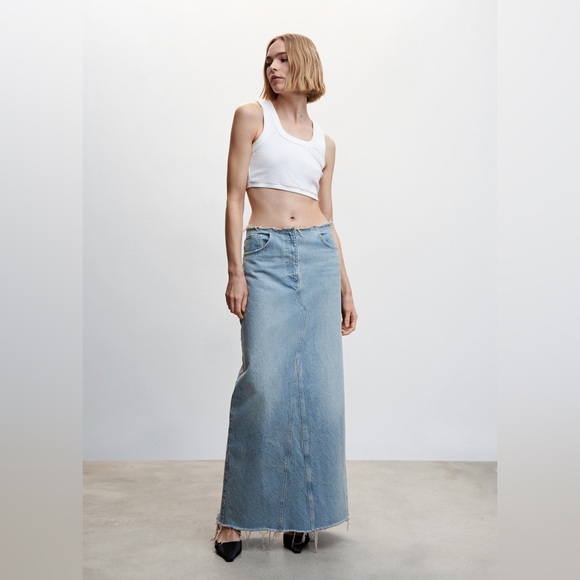 Mango | Skirts | Mango Denim Long Skirt Frayed Hem 9s Y2k | Poshmark